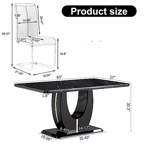 Pvillez 63" Marble Dining Table Set for 4, Modern 5 Piece Kitchen Table and Chairs, Black Faux Marble Dining Table with U-Shaped Pedestal Base & 4 C-Shaped PU Leather Upholstered Dining Chairs