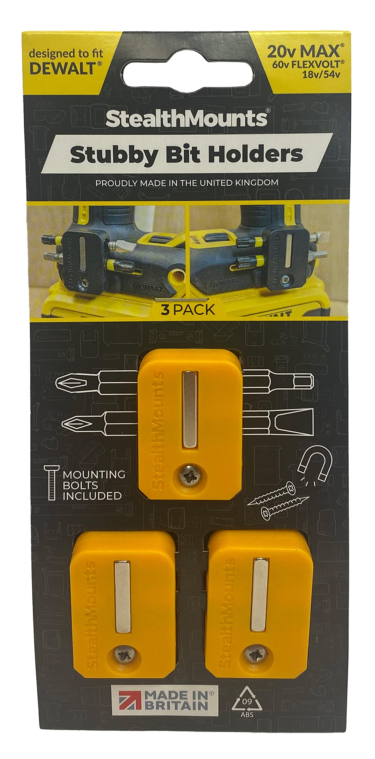 StealthMounts Stubby DeWalt Magnetic Bit Holder - 3 Pack | Drill Bit Organizer | Compact DeWalt Bit Holder for Drill | DeWalt Impact Driver Bit Holder | DeWalt Bit Holder for Impact Driver