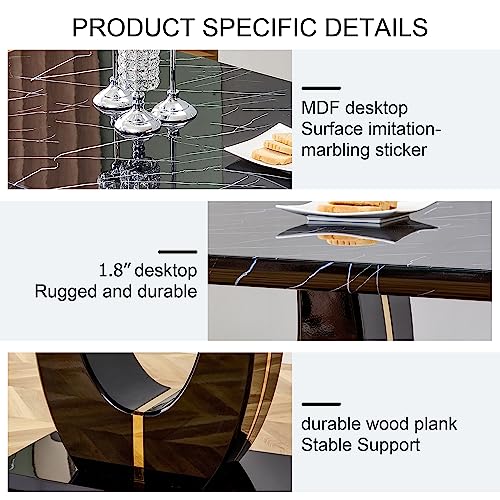 Pvillez 63" Marble Dining Table Set for 4, Modern 5 Piece Kitchen Table and Chairs, Black Faux Marble Dining Table with U-Shaped Pedestal Base & 4 C-Shaped PU Leather Upholstered Dining Chairs