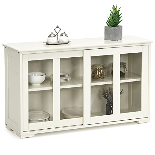 Costzon Kitchen Sideboard, Antique Stackable Storage Cabinet with Height Adjustable Shelf, Sliding Door Window, Wooden Cupboard Server Buffet Console Table for Home Dining Room Entryway (Cream White)