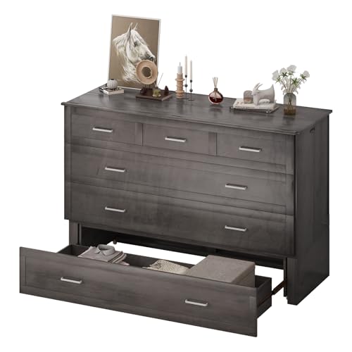 Mjkone Queen Murphy Bed with USB Charging Station | Modern Cabinet Bed with Tri-Folding Mattress | Hide-Away Bed with 2 Drawers for Bedroom | Guest Room | Office (Grey Pattern XI)