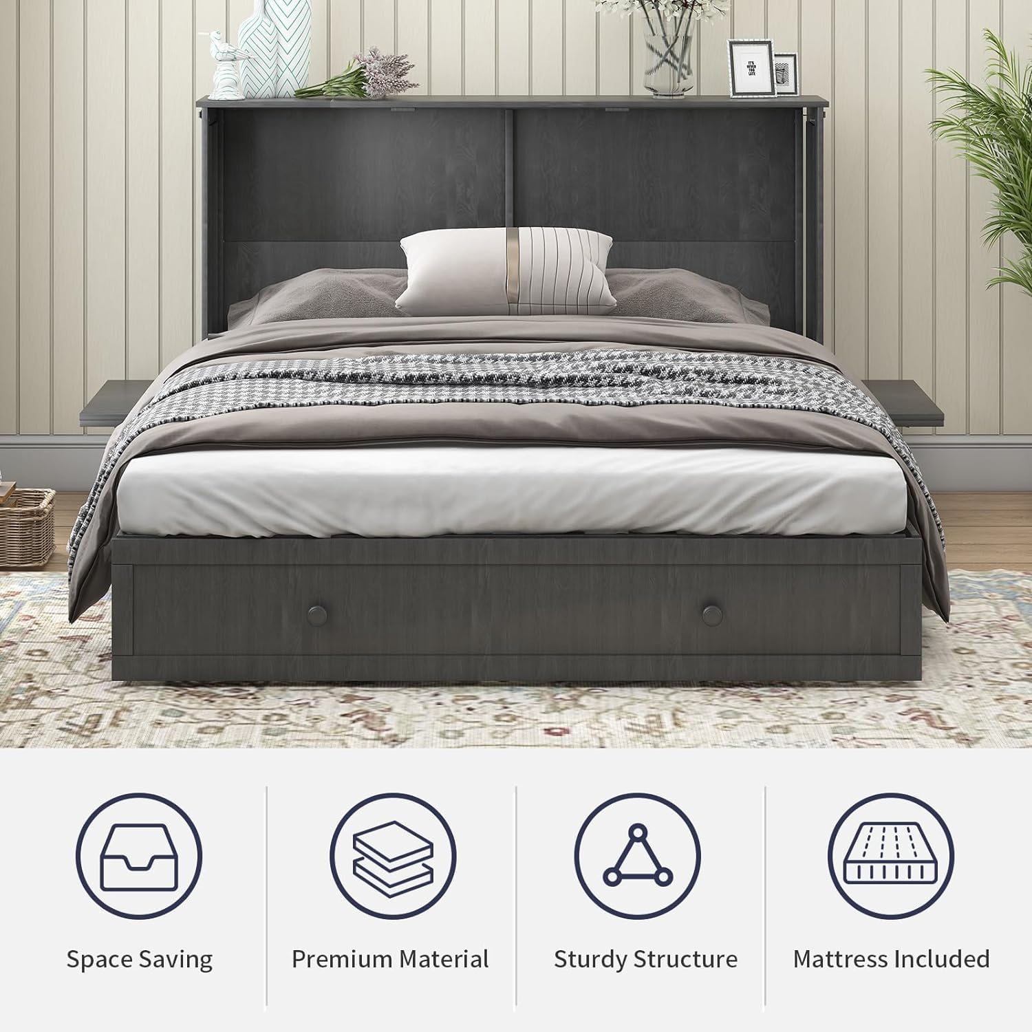 ijuicy Murphy Bed Queen,Cube Chest Cabinet Bed with Charging Station & 3 Level Foldable Memory Foam Mattress & Large Drawer for Guests/Bed Room-Grey