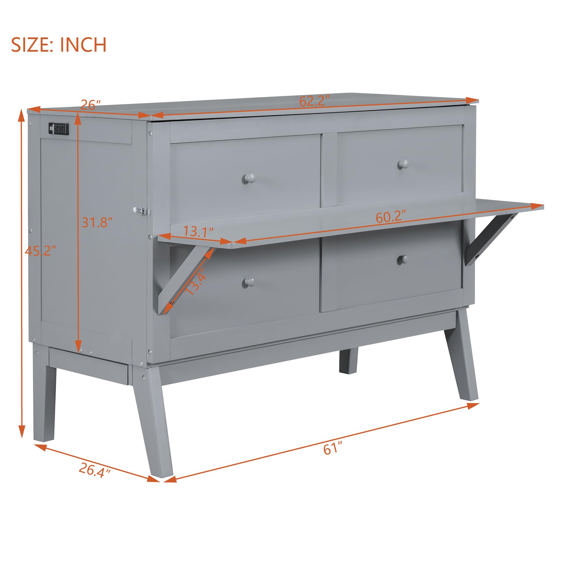 Queen Size Mobile Murphy Bed Chest, Foldable Platform Bed Folded into Cabinet, Wood Murphy Bed Frame with Movable Shelves and USB Port, Bedroom Furniture Versatile Chest Bed Folding Bed (Gray Bed)