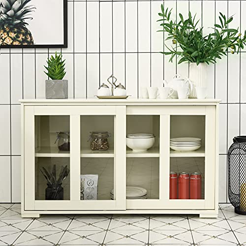 Costzon Kitchen Sideboard, Antique Stackable Storage Cabinet with Height Adjustable Shelf, Sliding Door Window, Wooden Cupboard Server Buffet Console Table for Home Dining Room Entryway (Cream White)