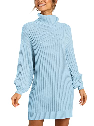ANRABESS Women Oversized Sweater Dress Turtleneck Batwing Long Sleeve Ribbed Knit Loose 2024 Fall Winter Casual Short Dress A240danlan-M Light Blue