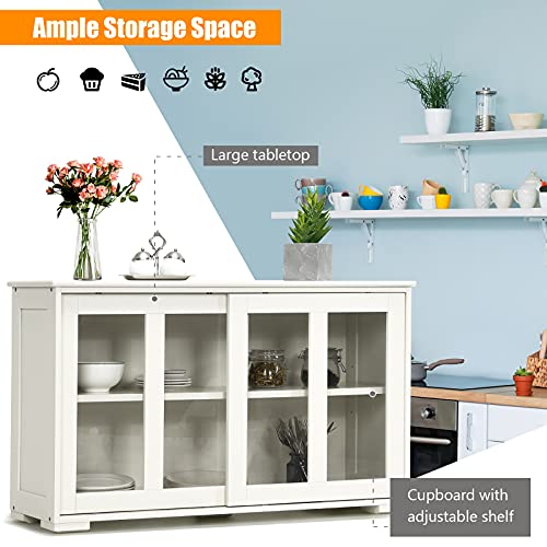 Costzon Kitchen Sideboard, Antique Stackable Storage Cabinet with Height Adjustable Shelf, Sliding Door Window, Wooden Cupboard Server Buffet Console Table for Home Dining Room Entryway (Cream White)