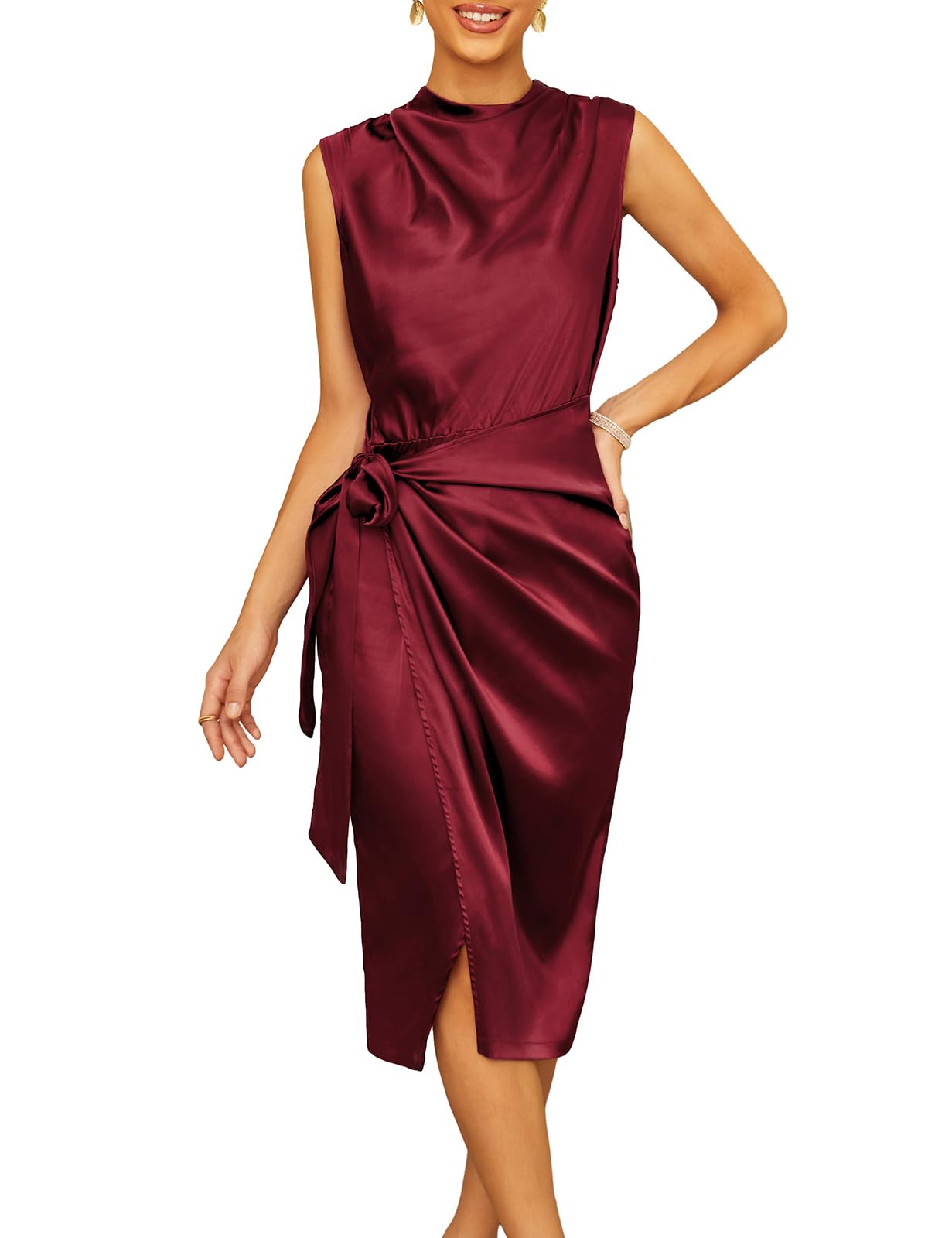 GRACE KARIN Women's Satin Sleeveless Cowl Mock Neck Cocktail Dress Keyhole Tie Elastic Waist Party Wedding Guest Midi Dress Wine L