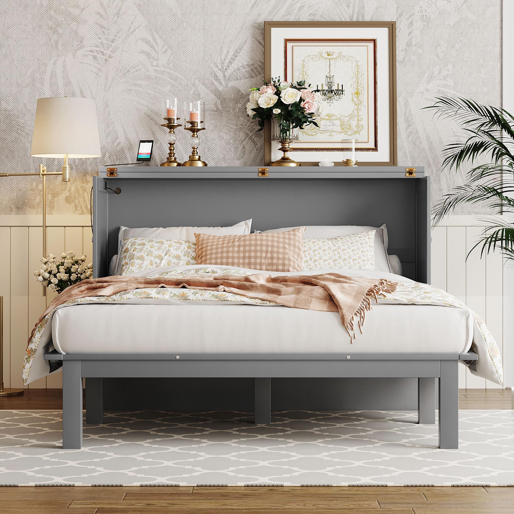 Queen Size Mobile Murphy Bed Chest, Foldable Platform Bed Folded into Cabinet, Wood Murphy Bed Frame with Movable Shelves and USB Port, Bedroom Furniture Versatile Chest Bed Folding Bed (Gray Bed)