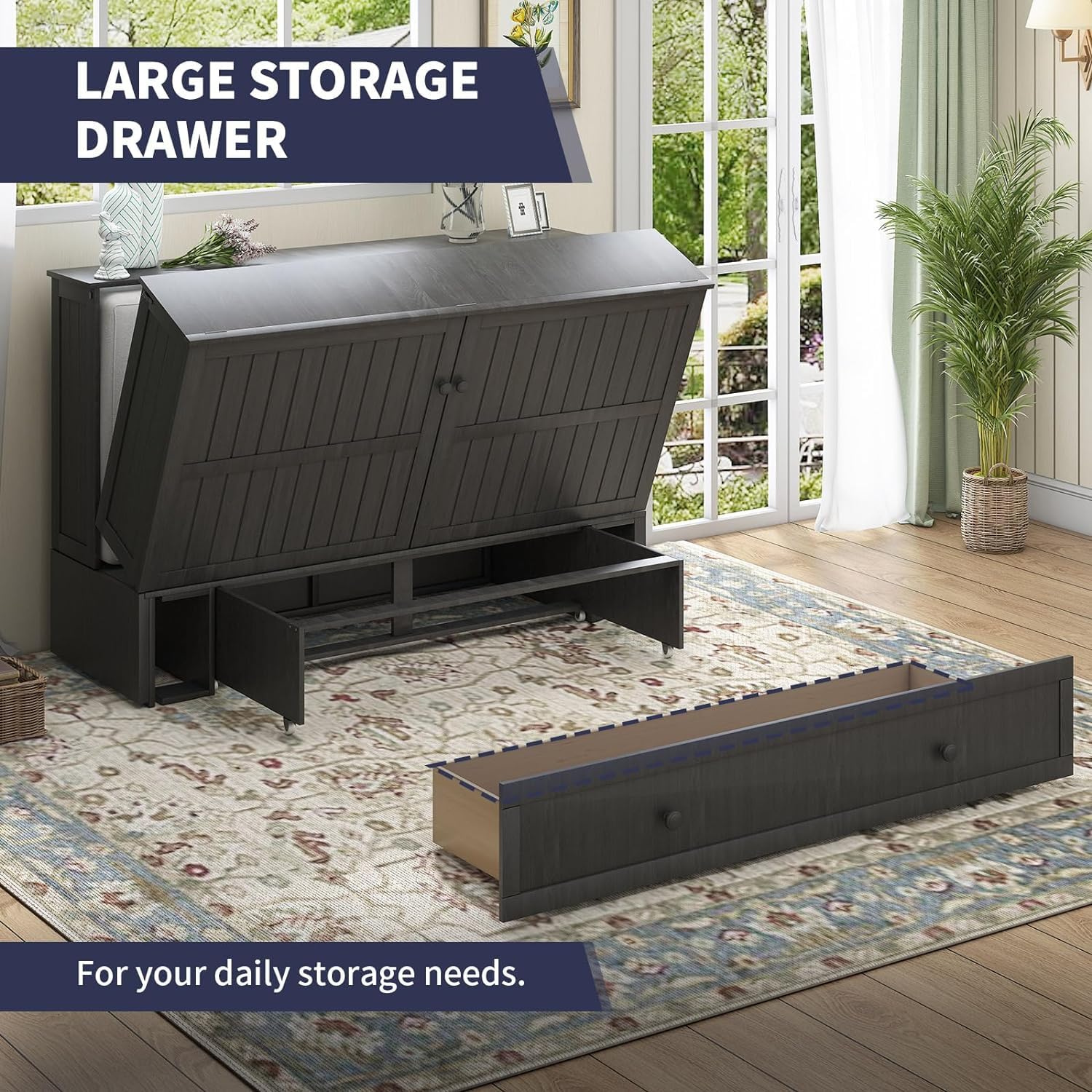 ijuicy Murphy Bed Queen,Cube Chest Cabinet Bed with Charging Station & 3 Level Foldable Memory Foam Mattress & Large Drawer for Guests/Bed Room-Grey