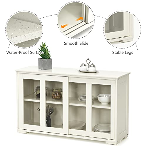 Costzon Kitchen Sideboard, Antique Stackable Storage Cabinet with Height Adjustable Shelf, Sliding Door Window, Wooden Cupboard Server Buffet Console Table for Home Dining Room Entryway (Cream White)
