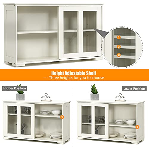 Costzon Kitchen Sideboard, Antique Stackable Storage Cabinet with Height Adjustable Shelf, Sliding Door Window, Wooden Cupboard Server Buffet Console Table for Home Dining Room Entryway (Cream White)