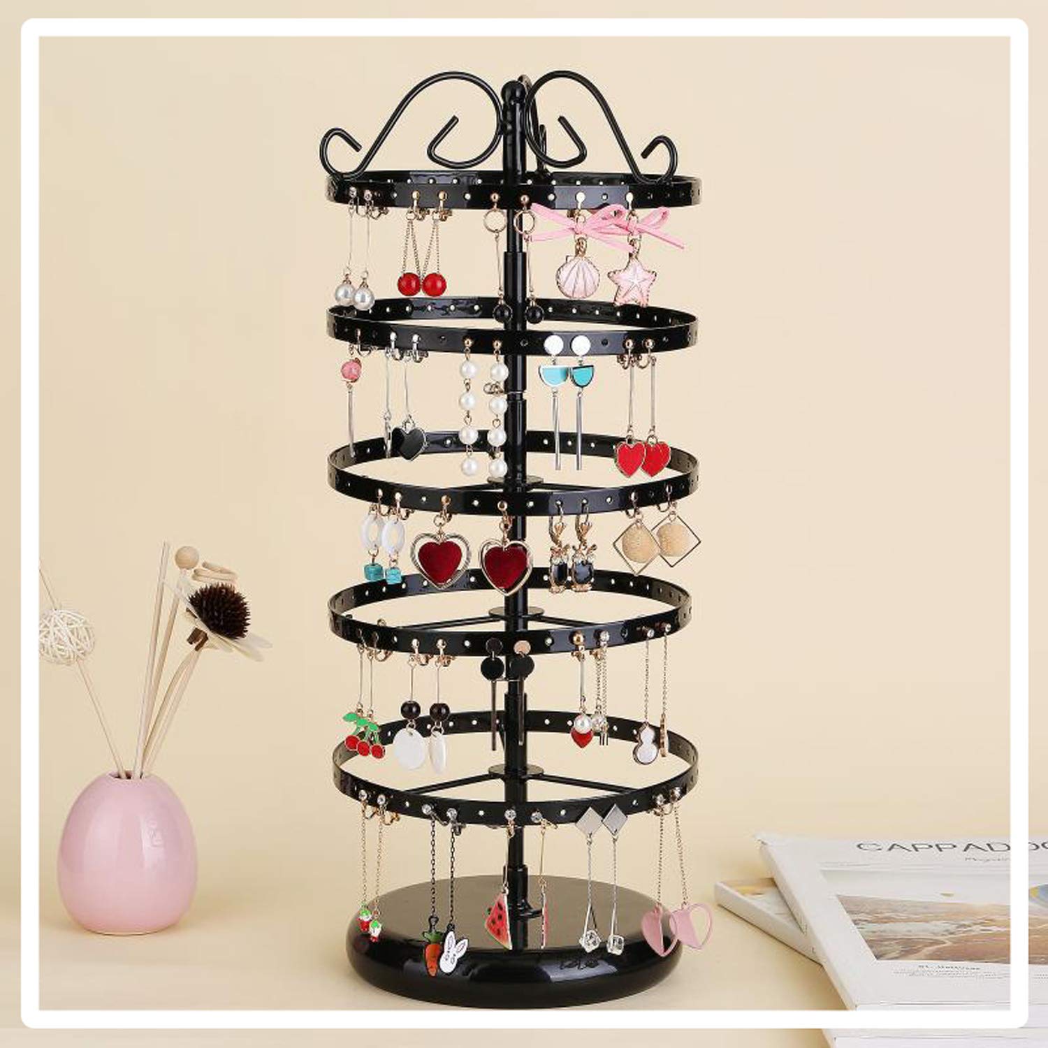 Qingsm 5-Tier Rotating 220-Hole Earring Holder Organizer,Metal Adjustable Jewelry Organizer Display Stand Hanging Towers