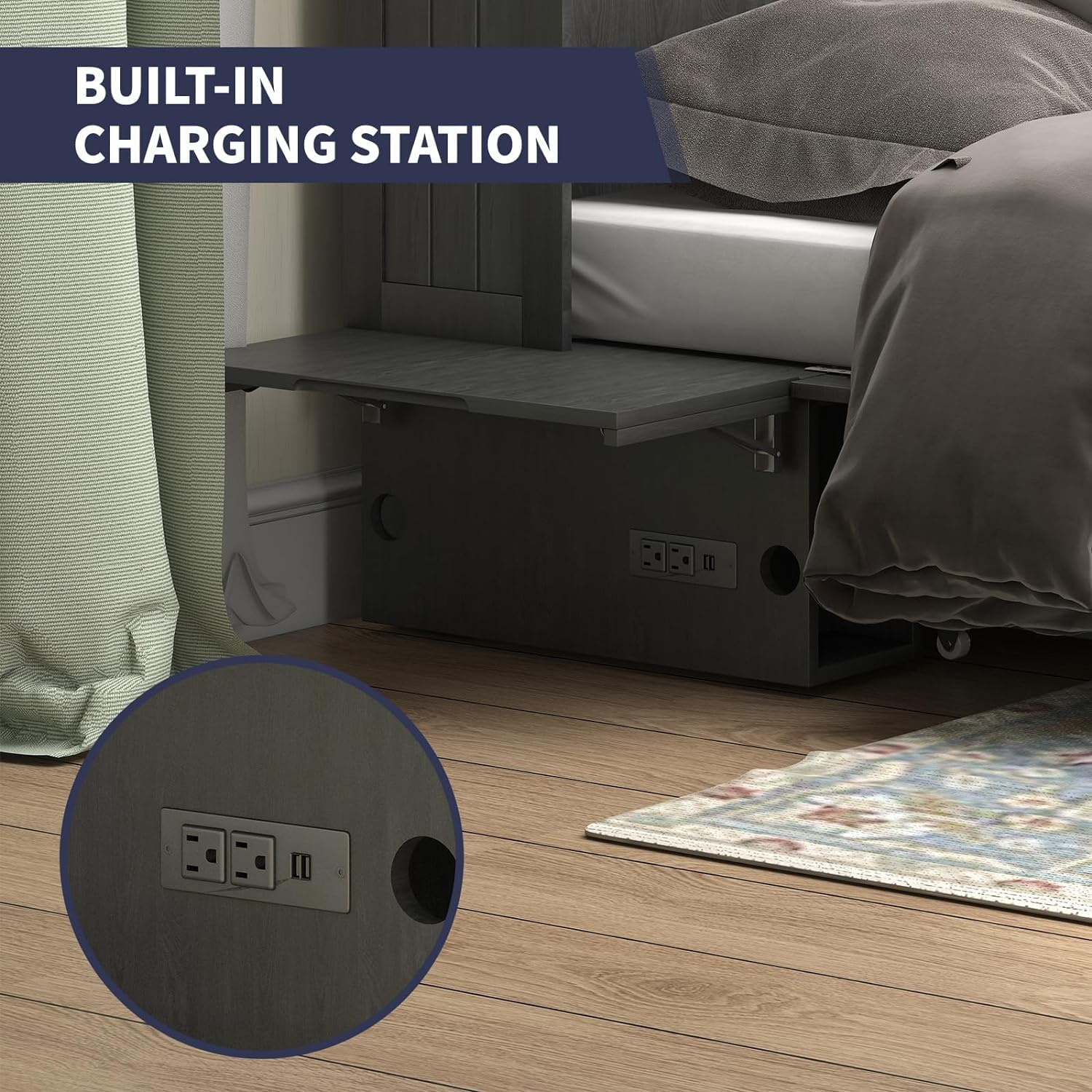 ijuicy Murphy Bed Queen,Cube Chest Cabinet Bed with Charging Station & 3 Level Foldable Memory Foam Mattress & Large Drawer for Guests/Bed Room-Grey