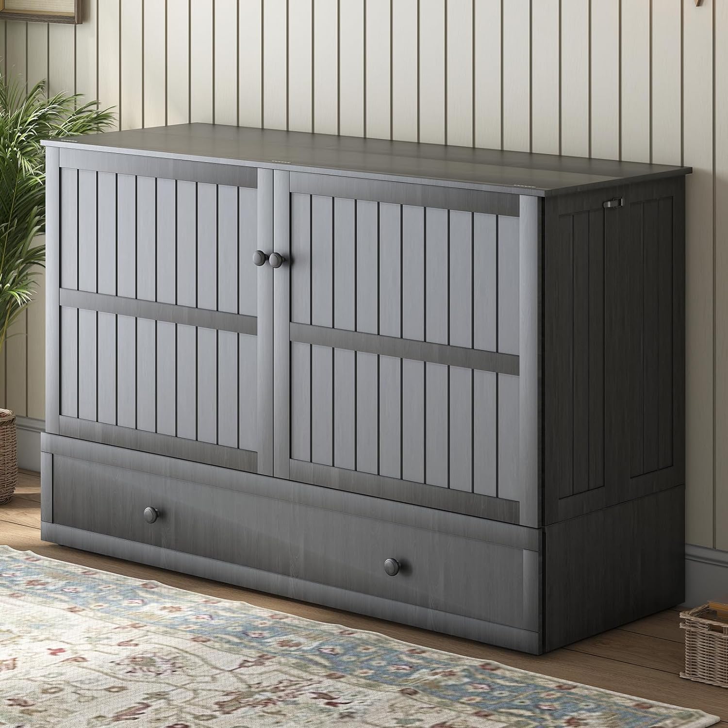 ijuicy Murphy Bed Queen,Cube Chest Cabinet Bed with Charging Station & 3 Level Foldable Memory Foam Mattress & Large Drawer for Guests/Bed Room-Grey