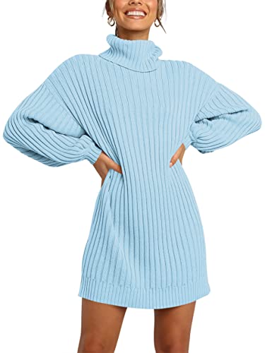 ANRABESS Women Oversized Sweater Dress Turtleneck Batwing Long Sleeve Ribbed Knit Loose 2024 Fall Winter Casual Short Dress A240danlan-M Light Blue