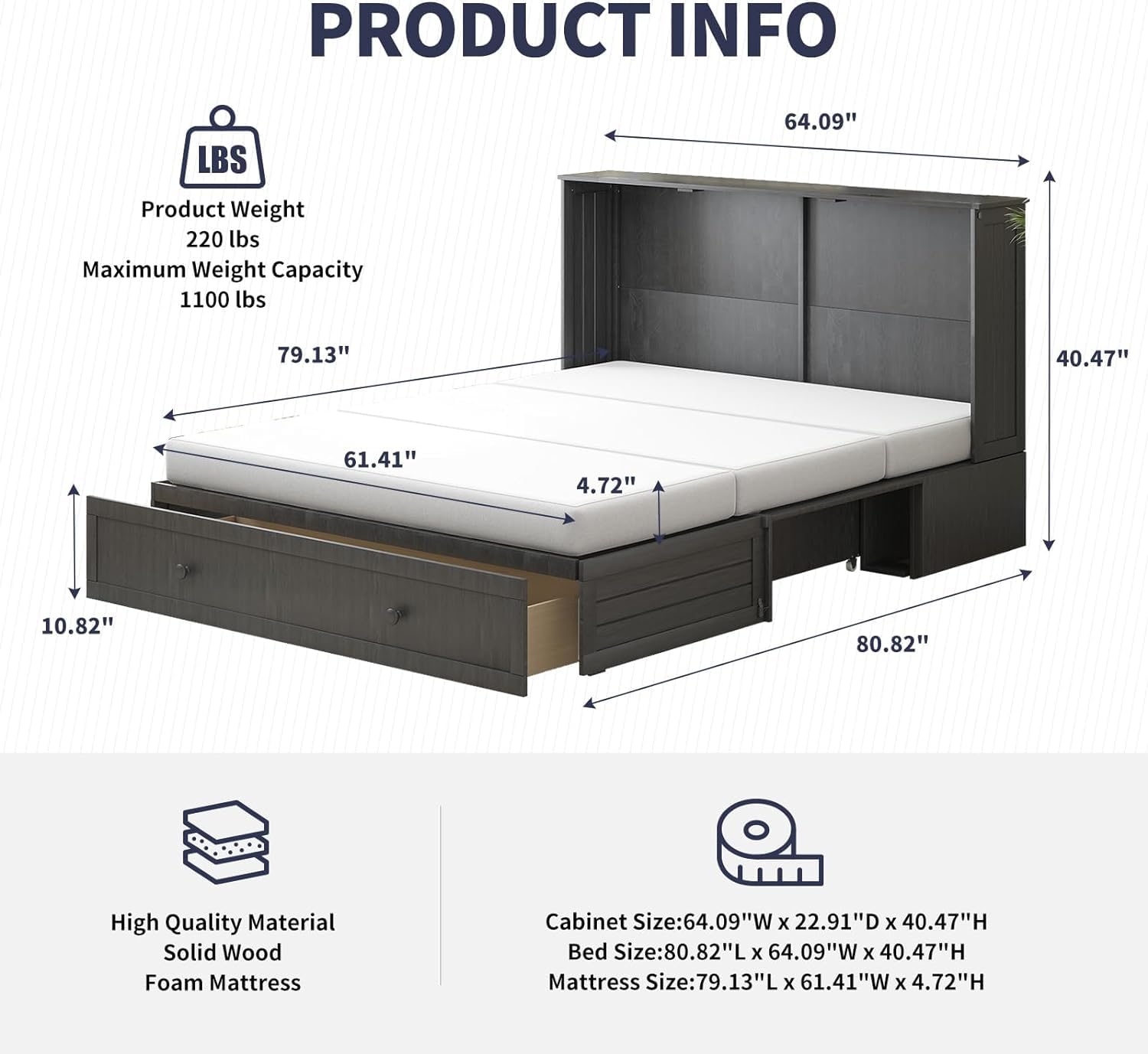 ijuicy Murphy Bed Queen,Cube Chest Cabinet Bed with Charging Station & 3 Level Foldable Memory Foam Mattress & Large Drawer for Guests/Bed Room-Grey