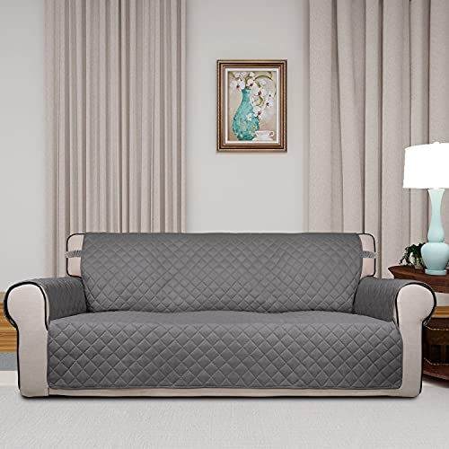 PureFit Reversible Quilted Sofa Cover, Water Resistant Slipcover Furniture Protector, Washable Couch Cover with Non Slip Foam and Elastic Straps for Kids, Pets (Oversized Sofa, Gray/Gray)