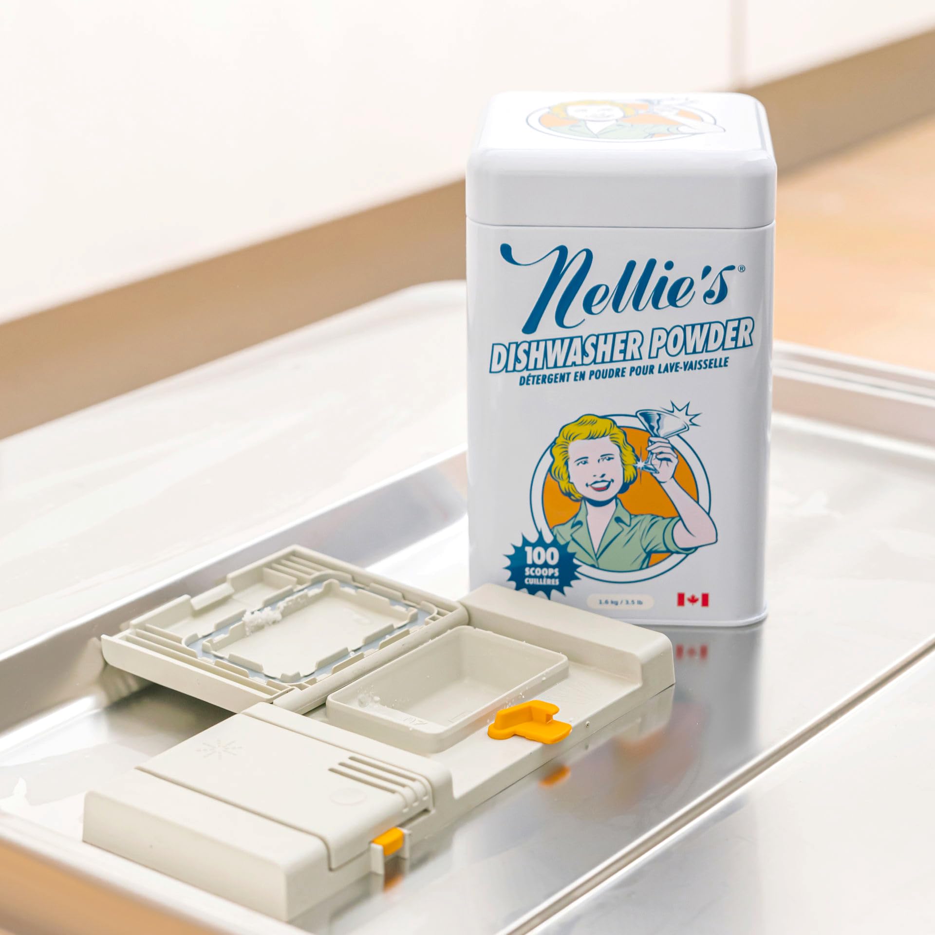 Nellie's Dishwasher Powder - Tough on Food Residue, Plant-Based Ingredients, Spotless Clean, High-Efficiency Dishwashing Solution - 100 Scoop Tin