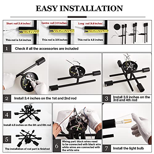 ASGYISA Semi Flush Mount Modern Ceiling Light Fixture， 6 Lights Black Vintage Matte Sputnik Chandelier Ceiling Lamp with E26 Bulb Base for Farmhouse Dining Room Living Room Bedroom Study Kitchen