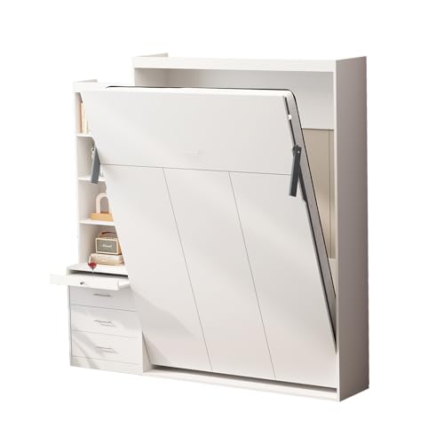 WOXYX Full Size Murphy Bed with Shelf and Drawers, Mordern Design Multifunctional Foldable Platform Bedframe Gas Struts,White