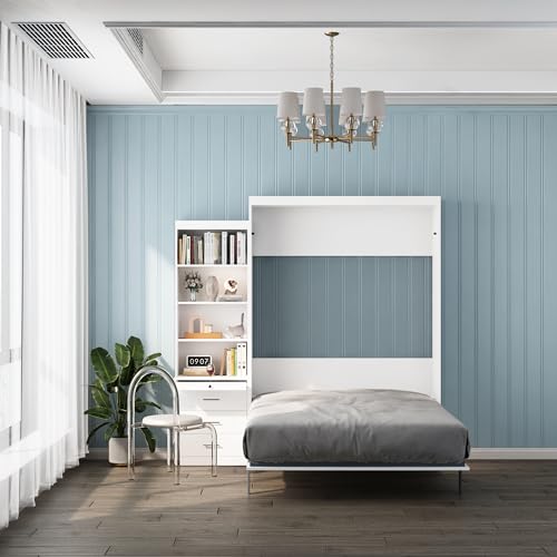 WOXYX Full Size Murphy Bed with Shelf and Drawers, Mordern Design Multifunctional Foldable Platform Bedframe Gas Struts,White