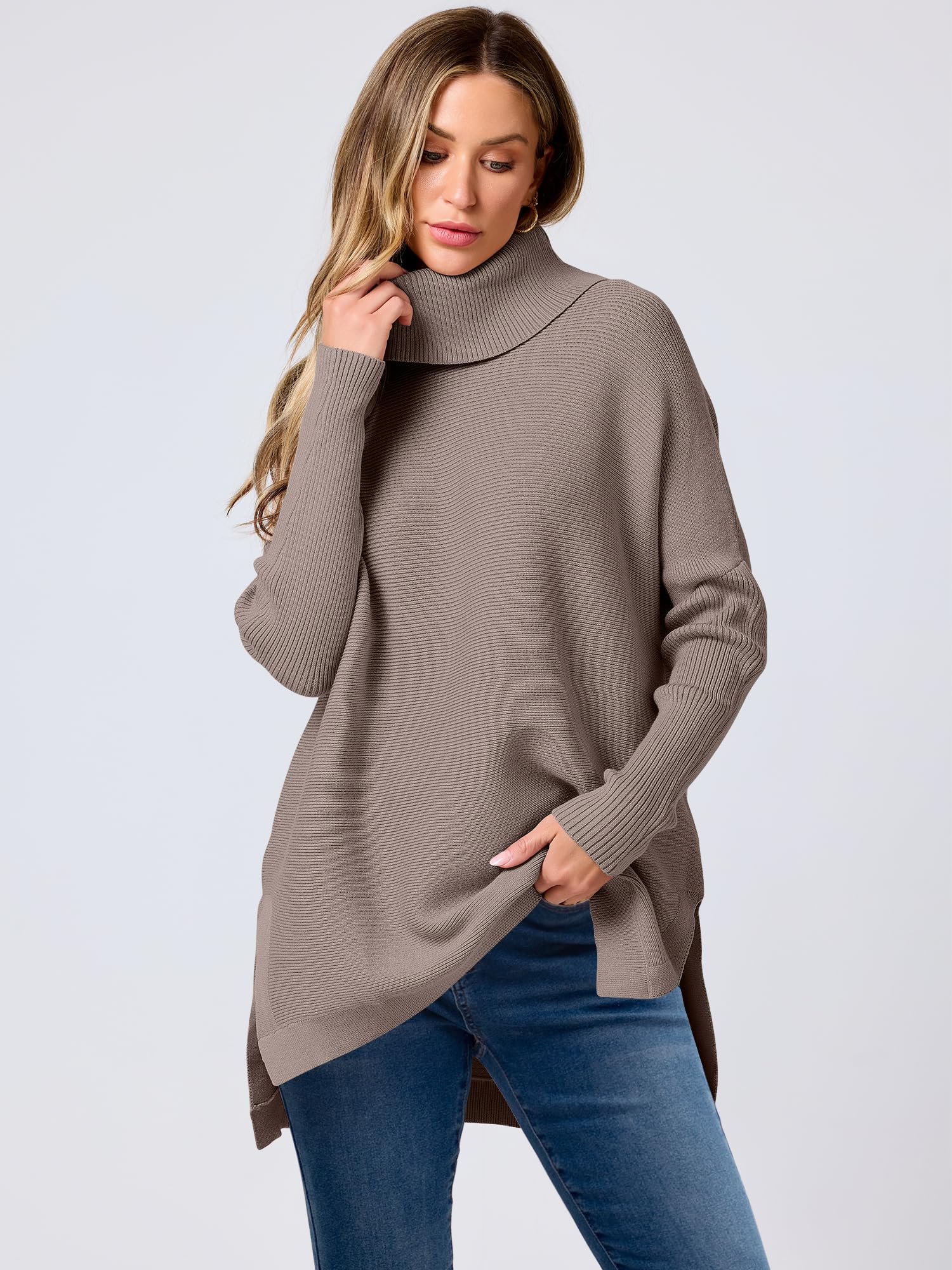 ANRABESS Women's Oversized Turtleneck Batwing Sleeve Spilt Casual Loose Knit Tunic Pullover Sweater Tops 2025 Fall Outfits Brown Small