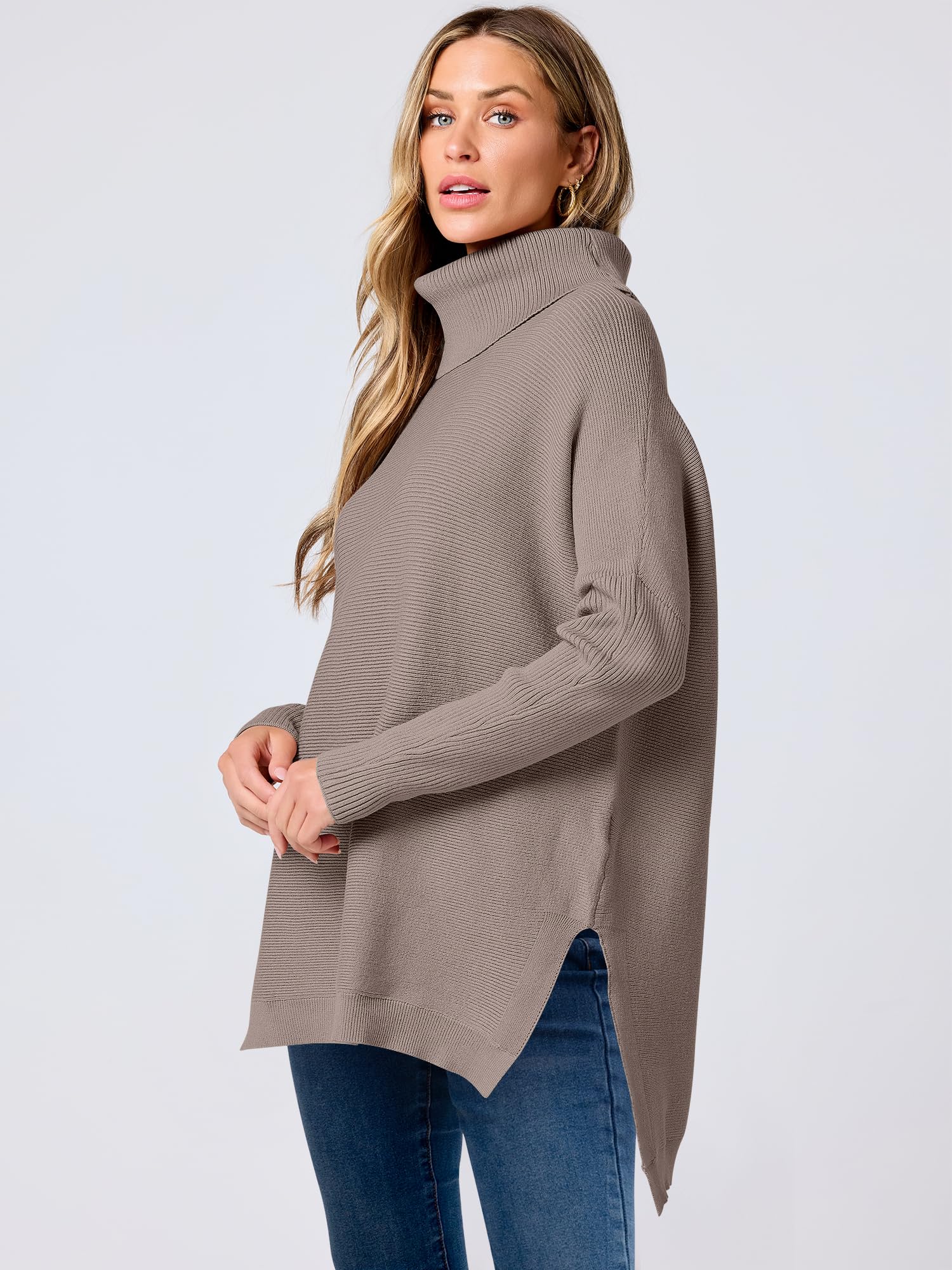 ANRABESS Women's Oversized Turtleneck Batwing Sleeve Spilt Casual Loose Knit Tunic Pullover Sweater Tops 2025 Fall Outfits Brown Small