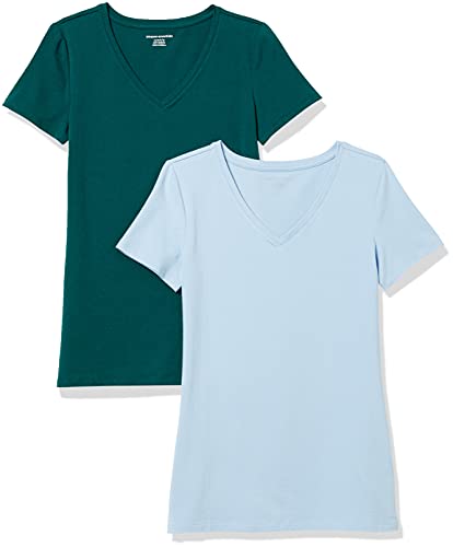 Amazon Essentials Women's Classic-Fit Short-Sleeve V-Neck T-Shirt, Pack of 2, Dark Green/Powder Blue, X-Large