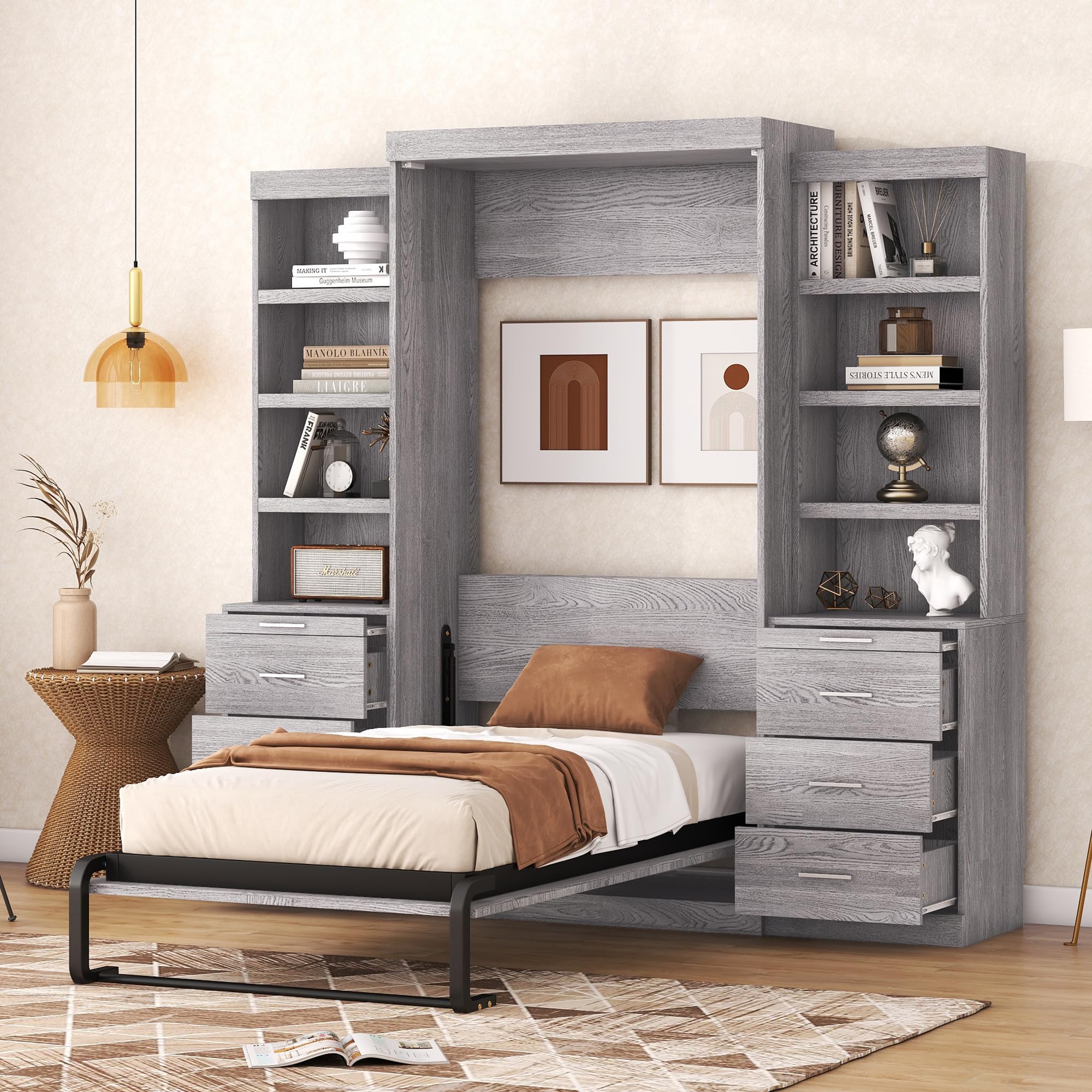 Unique Twin Size Murphy Bed with Storage Shelves and Drawers, Multiple Storage Bed Suitable for Guest Room, Office, Apartment