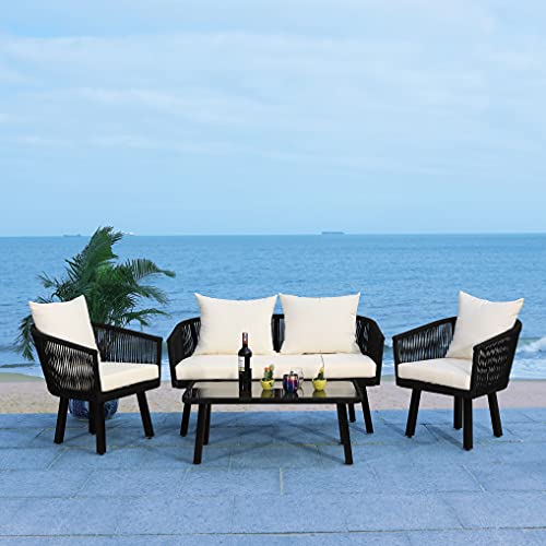 Safavieh Outdoor Collection Belmi Wicker Cushion 4-Piece Rope Patio Backyard Living Set PAT7517B, Black/Beige