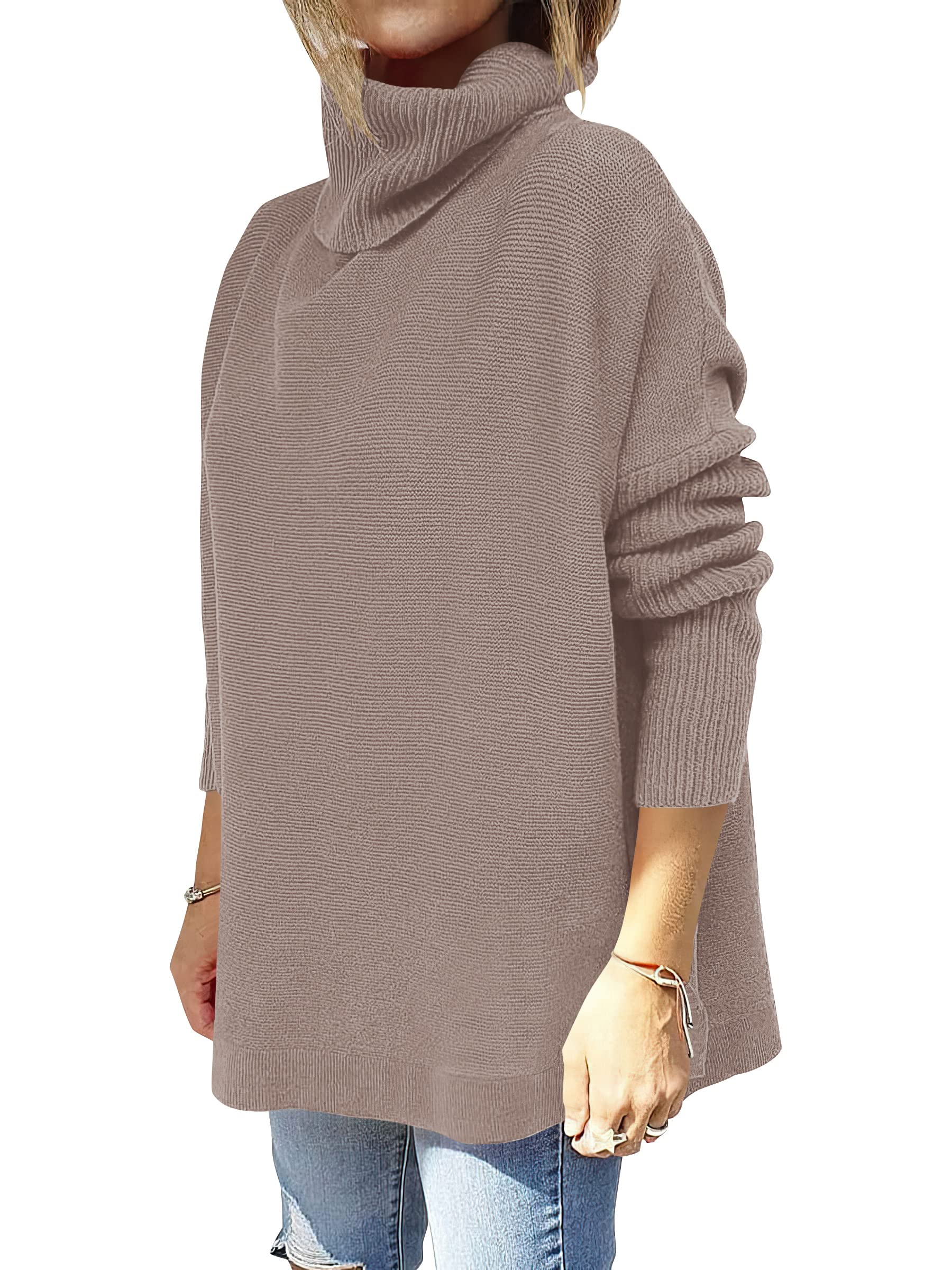 ANRABESS Women's Oversized Turtleneck Batwing Sleeve Spilt Casual Loose Knit Tunic Pullover Sweater Tops 2025 Fall Outfits Brown Small