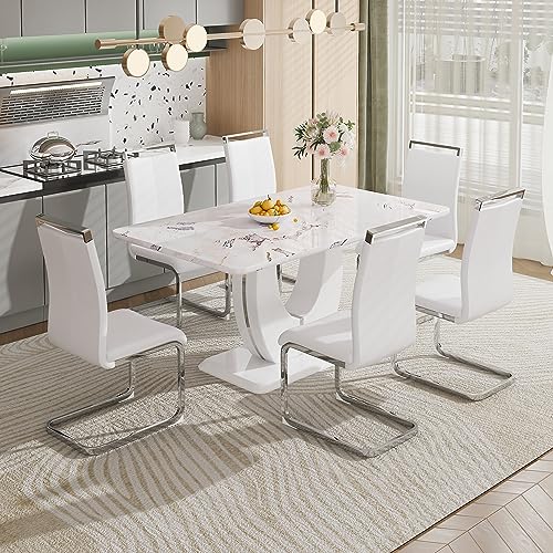 63" Marble Dining Table, Luxurious Dining Room Table with 1.57" Faux Marble Top and U-Shape MDF Pedestal Base, Modern Rectangular Kitchen Dining Table for Living Room Dining Room