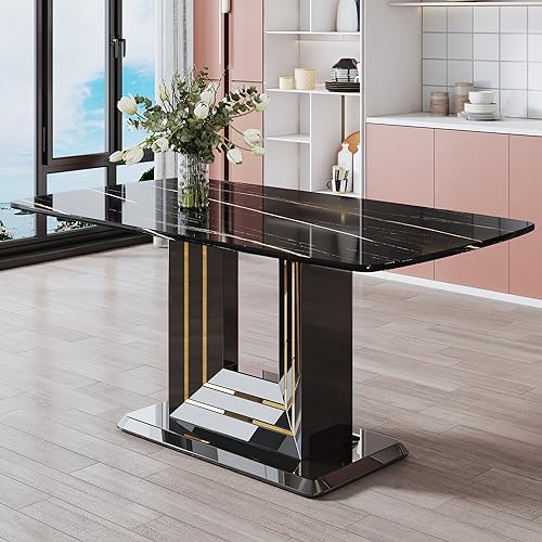 WOXYX Minimalist and Luxurious Dining Table with Black Imitation Marble Pattern Desktop. MDF tablelegs with Gold Lines and Base