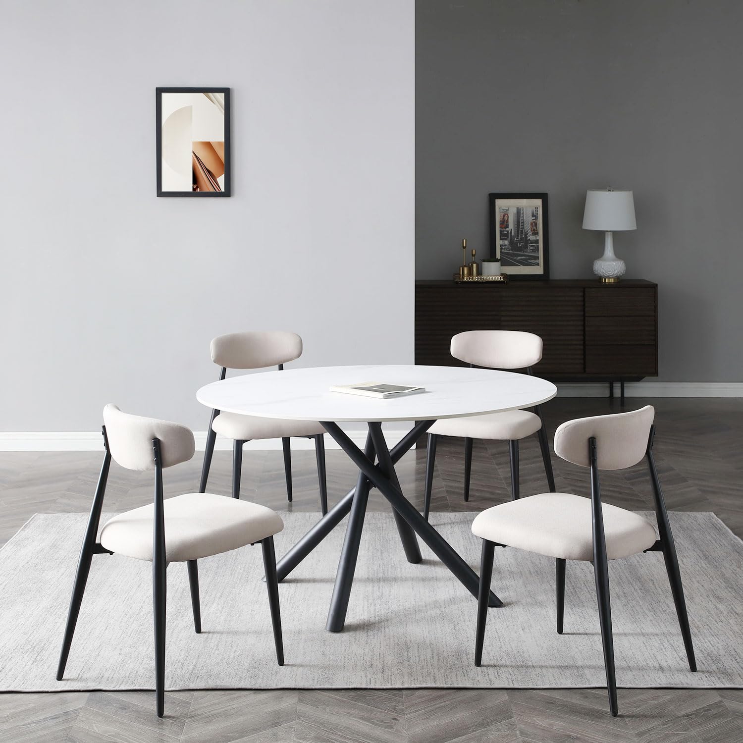 JURMALYN 53" Marble Dining Table Round Kitchen Table, Circle Dining Room Table with White Sintered Stone Top and Metal Legs Mid-Century Modern Dinner Table for 4 6 for Living Room Dining Room Kitchen