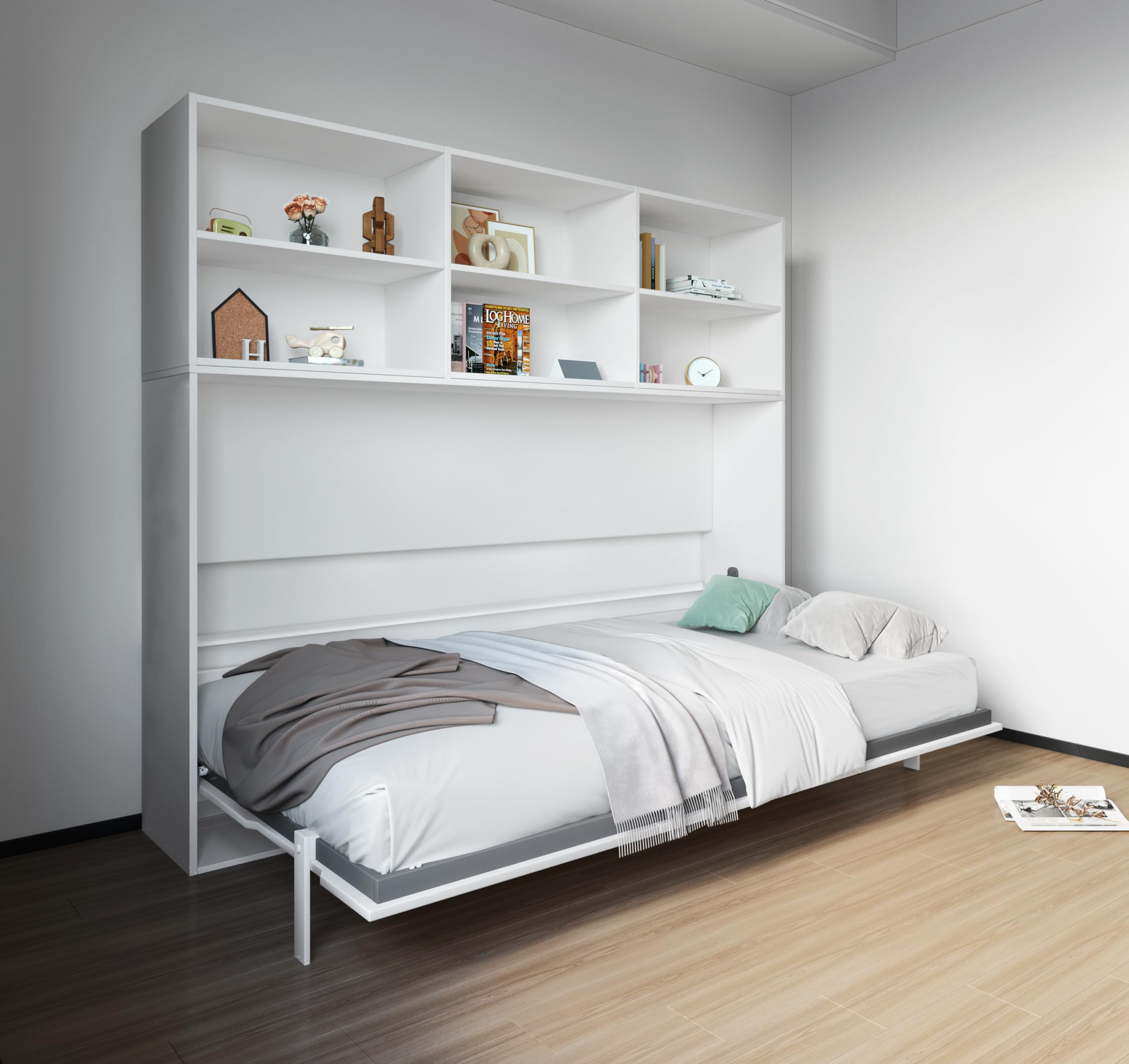 DEINPPA Twin Horizontal Murphy Bed with Storage Shelf, Space-Saving Wall Bed for Multipurpose Room-White