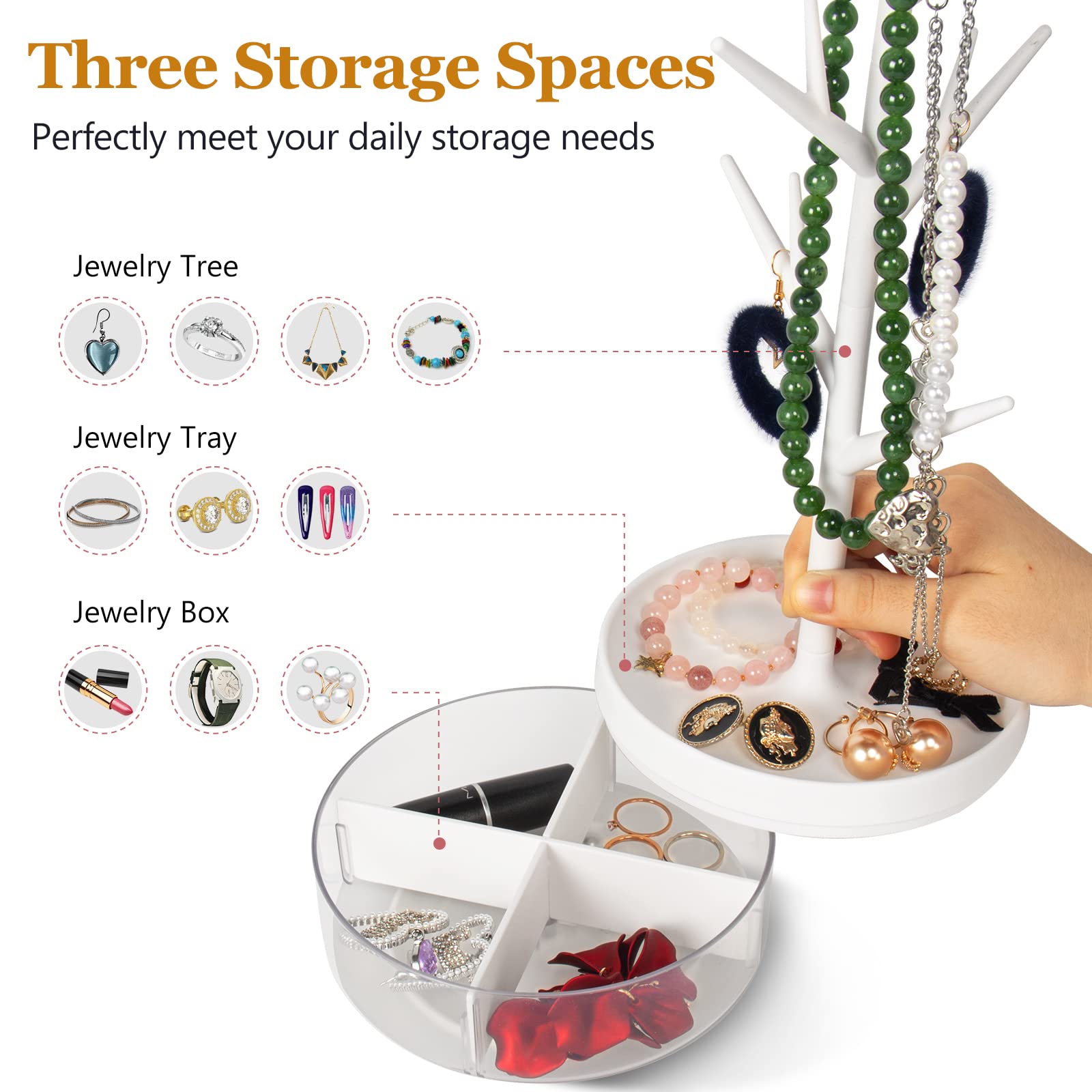 Inmorven Jewelry Tree Stand Organizer with Storage Box, White Display Holder for Necklaces Bracelets Earrings, with Clear Base Container