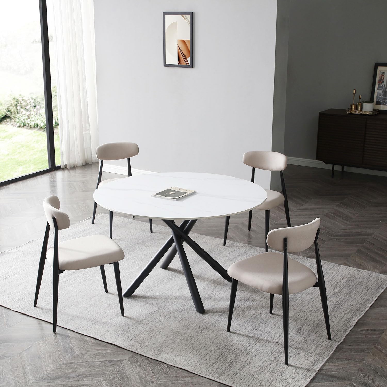 JURMALYN 53" Marble Dining Table Round Kitchen Table, Circle Dining Room Table with White Sintered Stone Top and Metal Legs Mid-Century Modern Dinner Table for 4 6 for Living Room Dining Room Kitchen