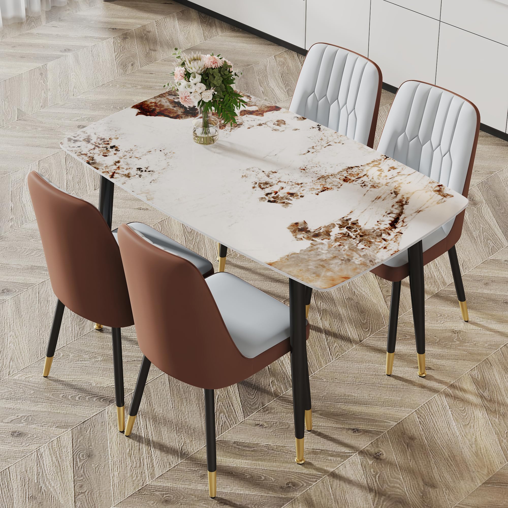 Ginxesh 5 Piece Dining Table Set,Faux Marble Dining Table Set for 4,Imitation Marble Pattern Dinner Table and Brown PU Leather Upholstered Kitchen Chairs for Living Room