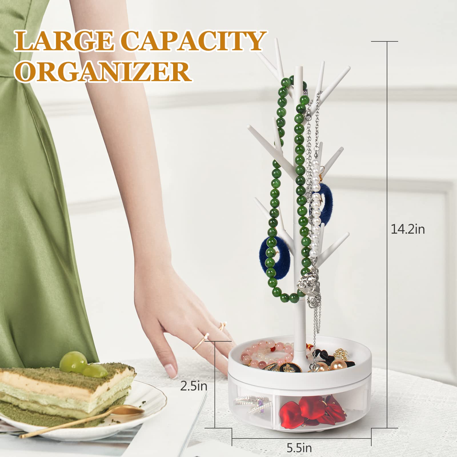 Inmorven Jewelry Tree Stand Organizer with Storage Box, White Display Holder for Necklaces Bracelets Earrings, with Clear Base Container