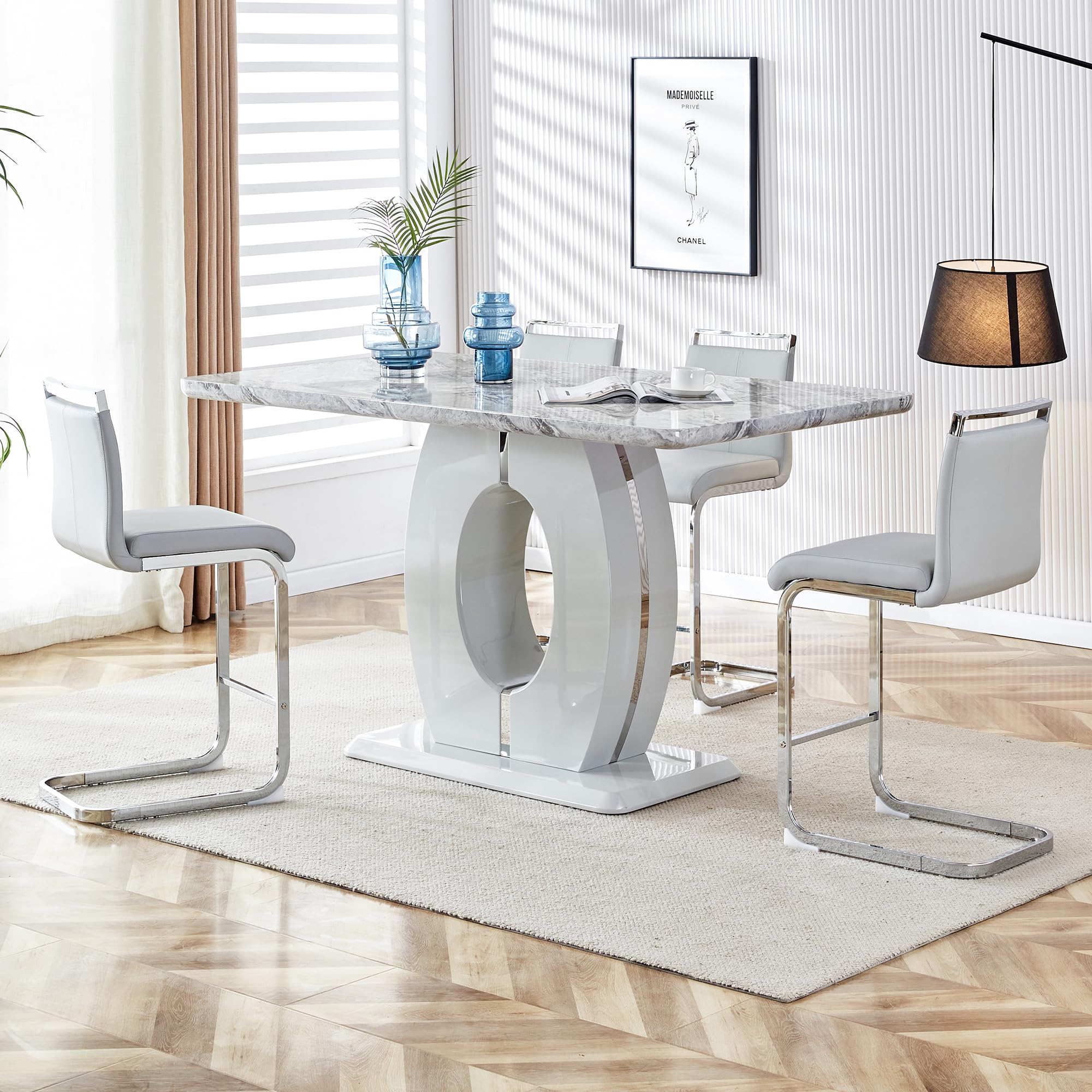 gopop Bar Height Dining Table,Marble Dining Table for 6,1.77-inch Thick Marbleized Textured Tabletop with High-Gloss MDF Base,Counter Height Dining Table Ideal for Pub Bar Gatherings at Home