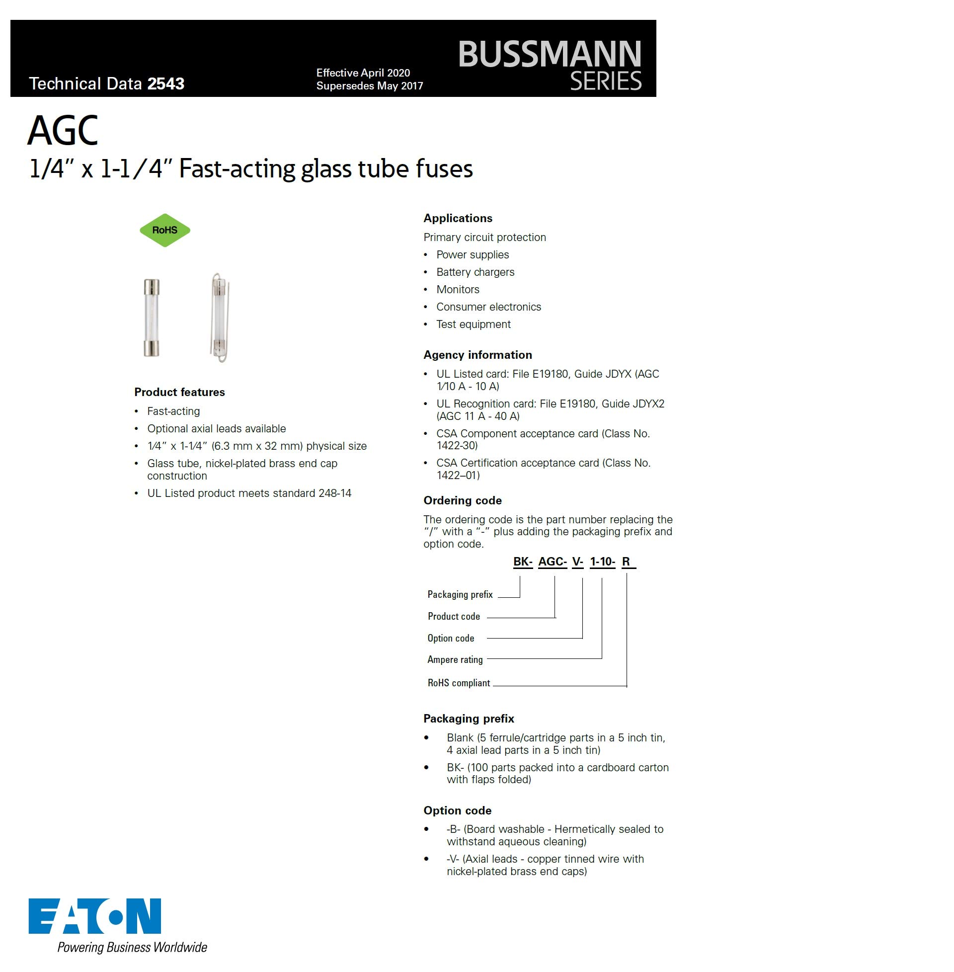 Bussmann AGC-10 AGC Series Fuse, Fast Acting, 10 Amp, 250V, Glass Tube, 1/4" x 1-1/4" (Pack of 5)