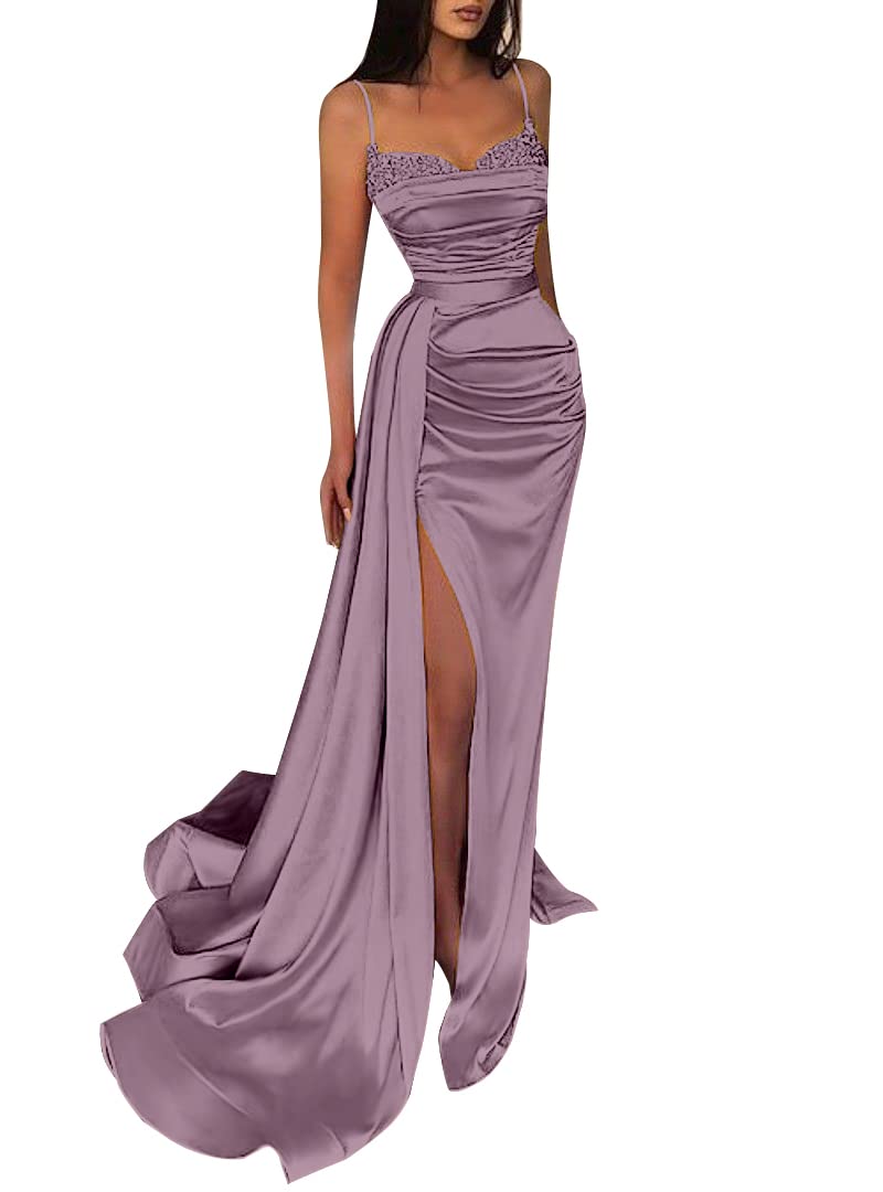 Princess Glitter Prom Dresses for Women with Train Mermaid Sequin Ruffled Satin Evening Formal Gowns Wisteria Size 8