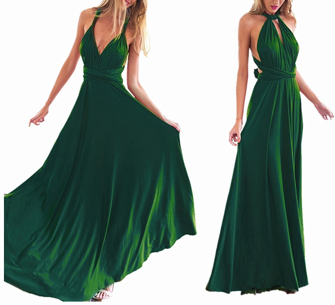 Women's Transformer Convertible Multi Way Wrap Long Prom Maxi Dress V-Neck High Low Wedding Bridesmaid Evening Party Grecian Dresses Boho Backless Halter Formal Cocktail Dance Gown Green Small