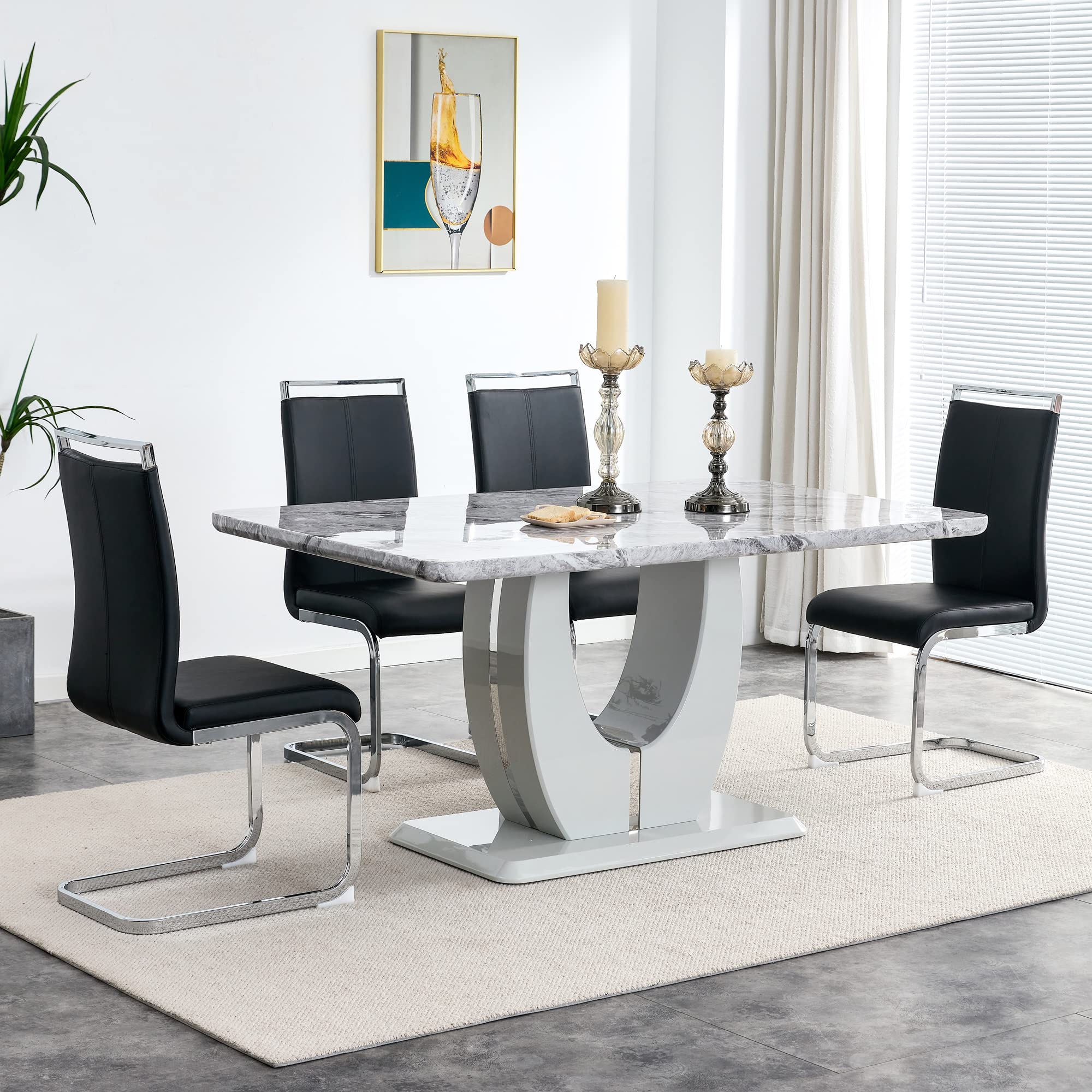 63" Marble Dining Table for 6-8, Modern Rectangular Kitchen Table with Grey Faux Marble Tabletop and U-Shape Pedestal Base, Marble Pedestal Dining Table for Dining Room Kitchen Dinner