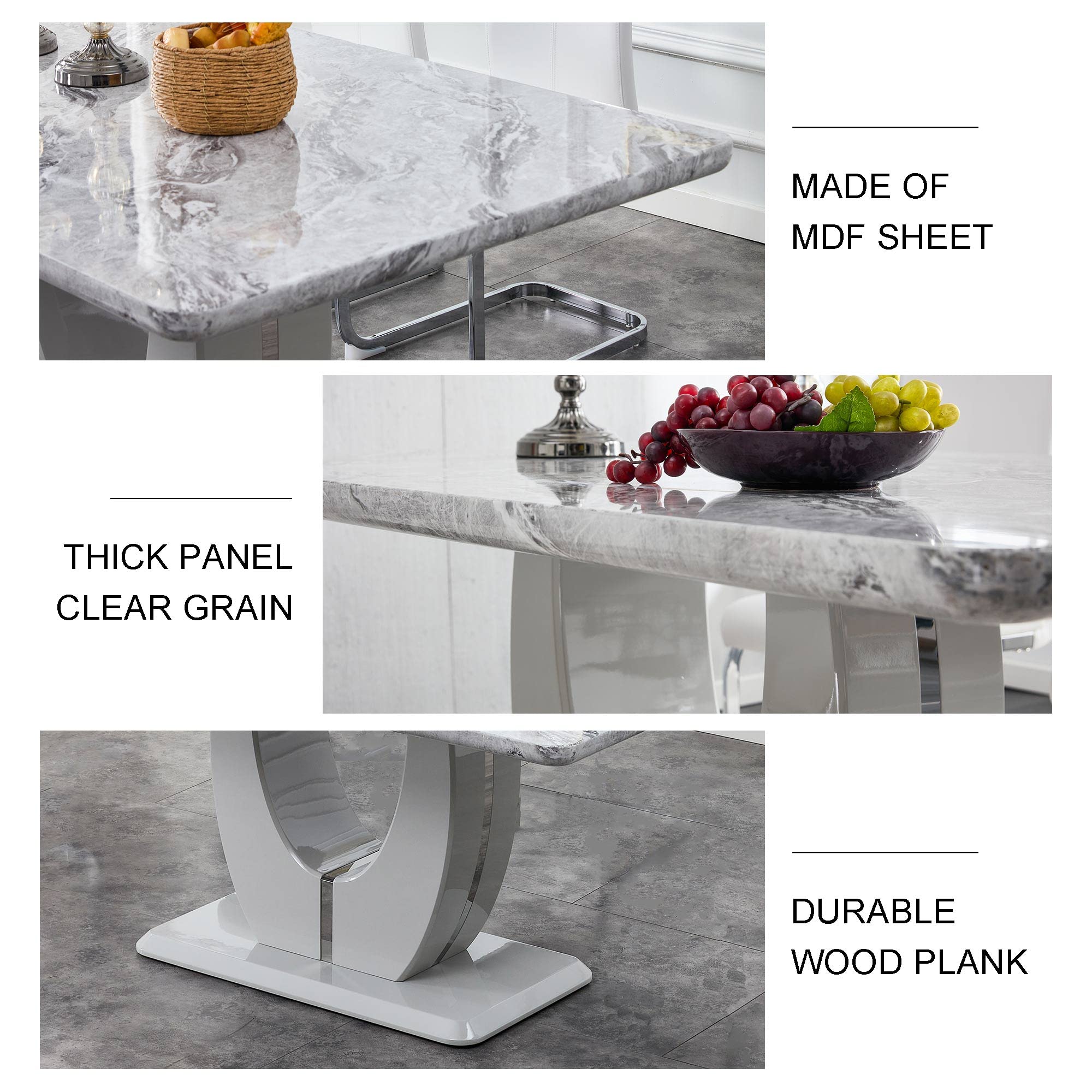 63" Marble Dining Table for 6-8, Modern Rectangular Kitchen Table with Grey Faux Marble Tabletop and U-Shape Pedestal Base, Marble Pedestal Dining Table for Dining Room Kitchen Dinner