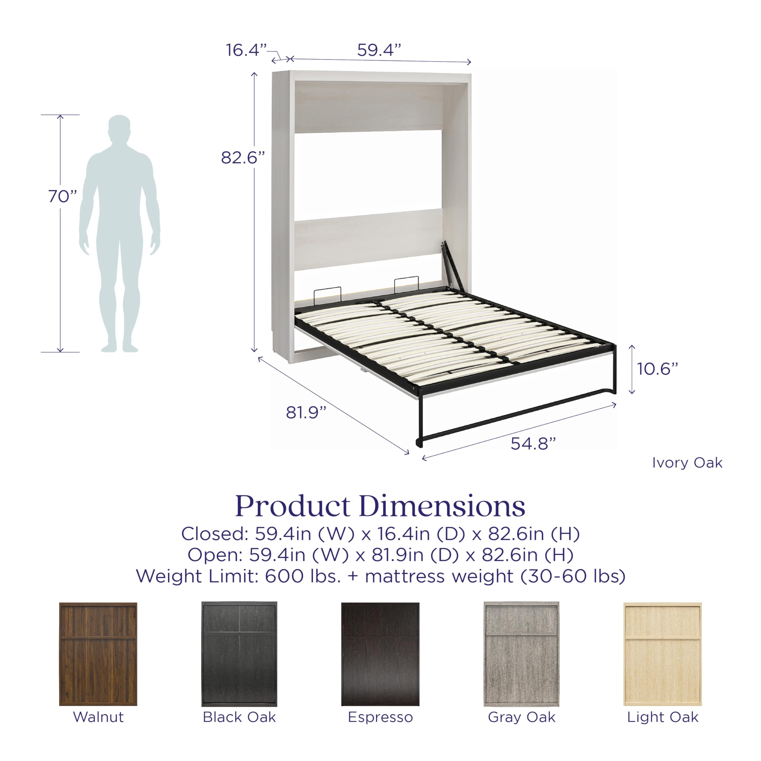 Signature Sleep Full Size Murphy Wall Bed with Wooden Slats in Wood, in Light Oak, No Box Spring Needed, Easy Assembly, Up to 600 lbs Weight Capacity