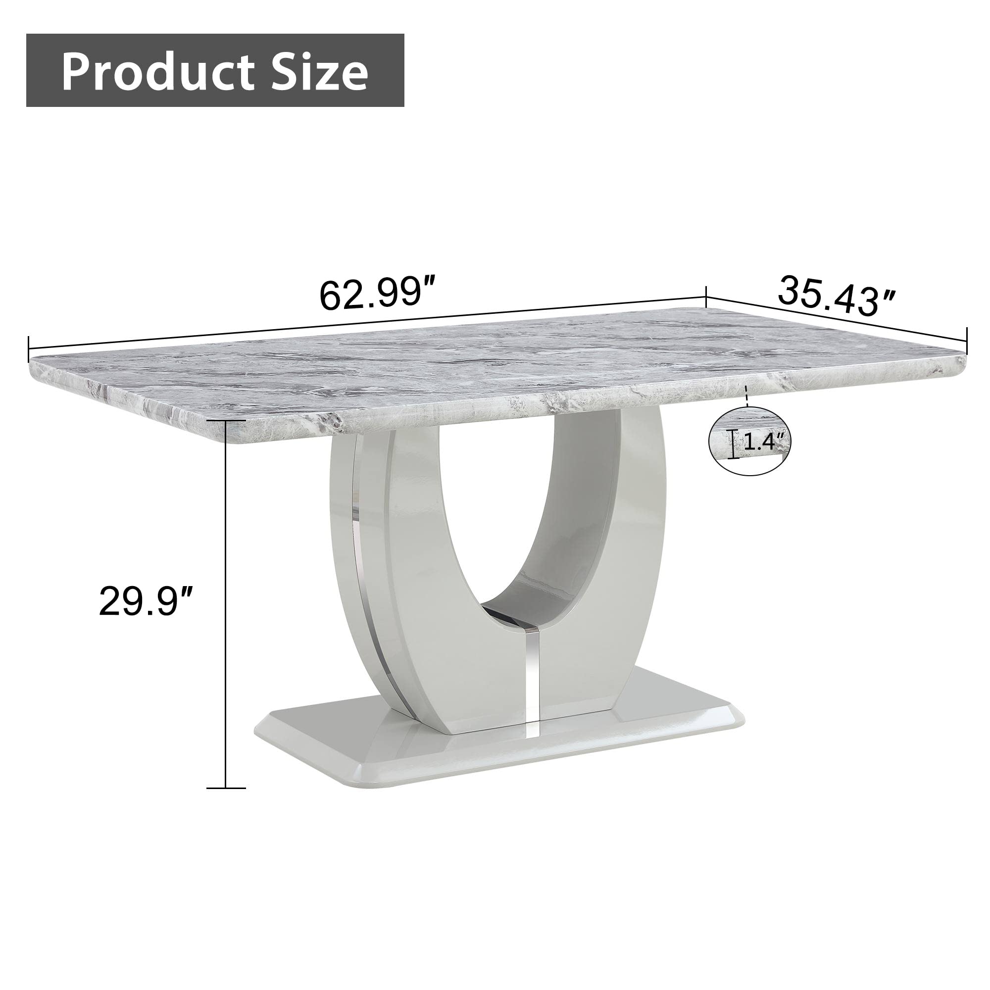 63" Marble Dining Table for 6-8, Modern Rectangular Kitchen Table with Grey Faux Marble Tabletop and U-Shape Pedestal Base, Marble Pedestal Dining Table for Dining Room Kitchen Dinner