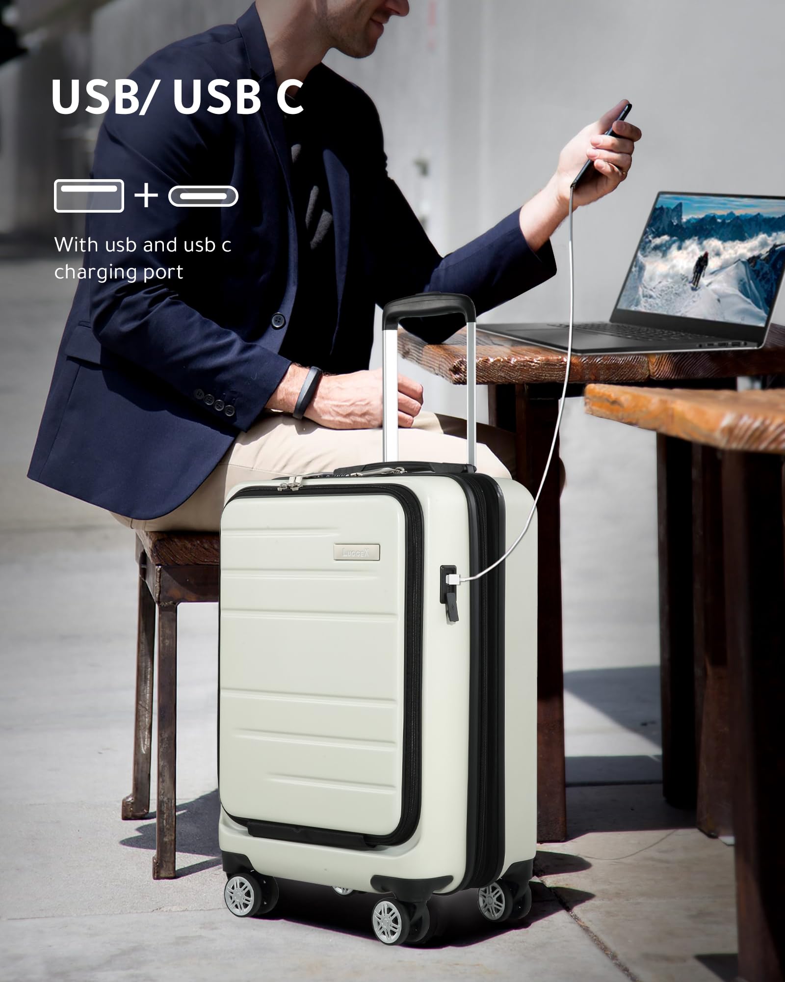 LUGGEX Carry On Luggage with Pocket Compartment - Polycarbonate Expandable Luggage with USB Port - Travel Suitcase with Wheels Airline Approved, Lightweight