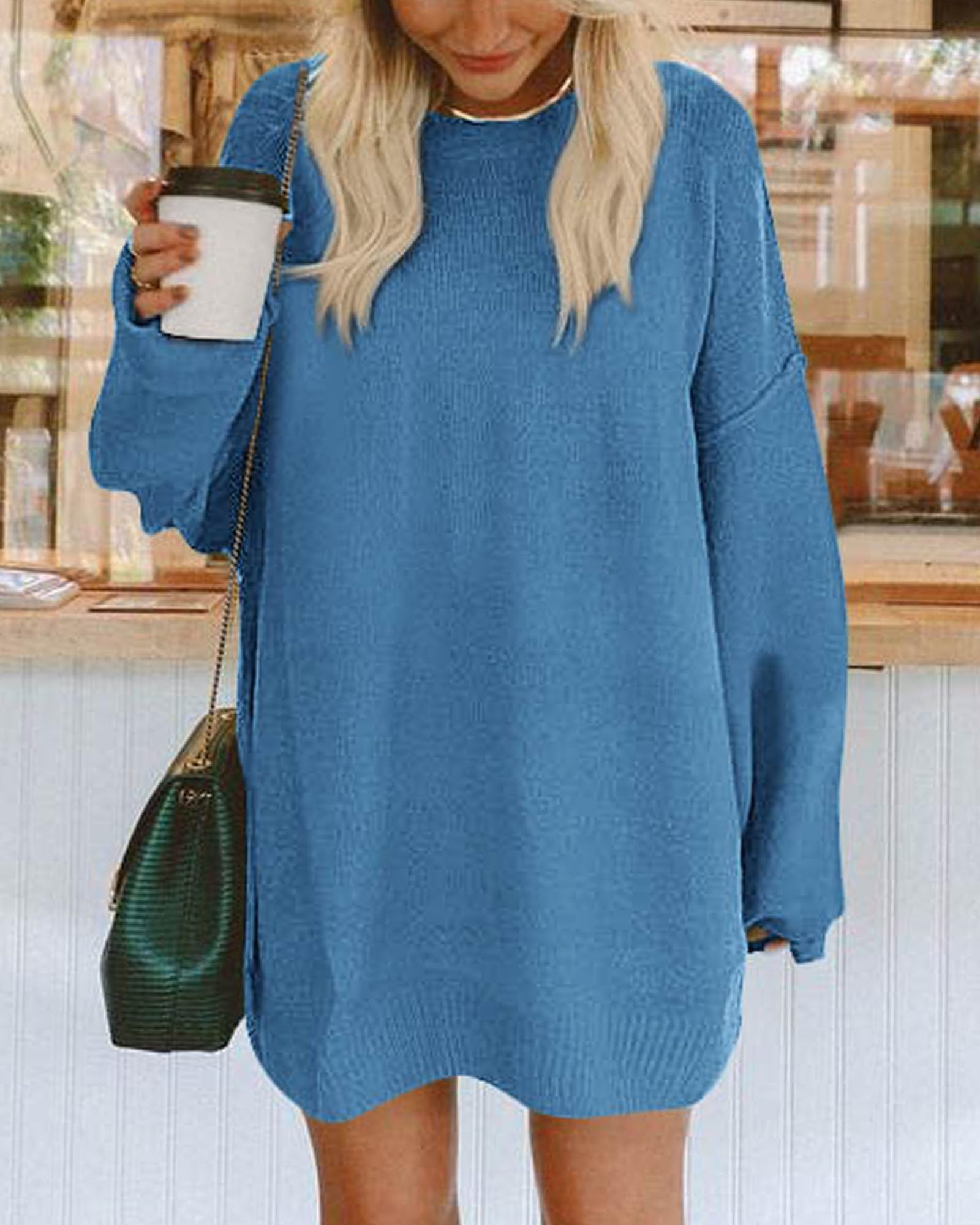 BTFBM 2025 Womens Sweaters Casual Crewneck Long Sleeve Oversized Sweater Dress Fall Winter Loose Slouchy Soft Pullover(Solid Blue, Large)