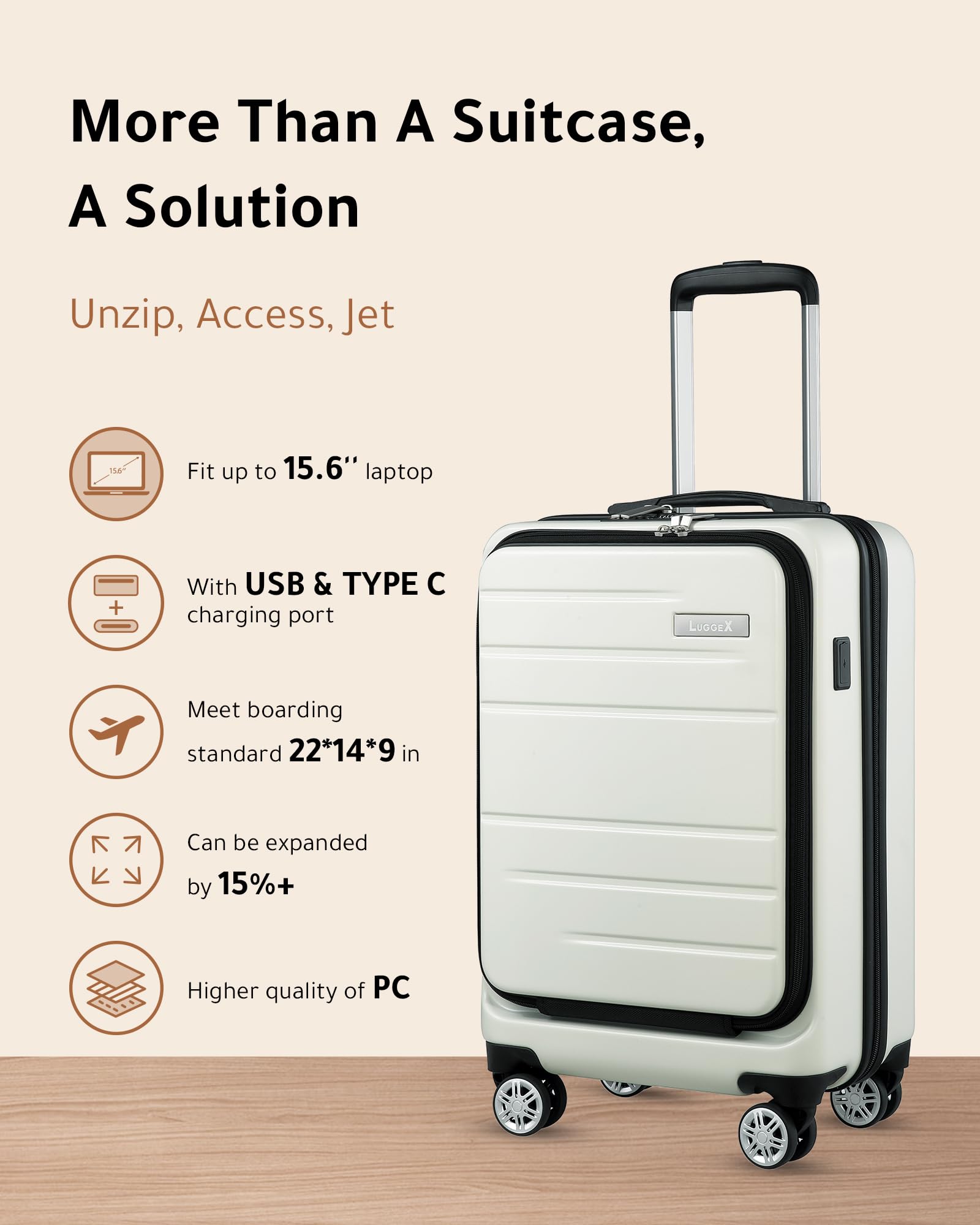 LUGGEX Carry On Luggage with Pocket Compartment - Polycarbonate Expandable Luggage with USB Port - Travel Suitcase with Wheels Airline Approved, Lightweight